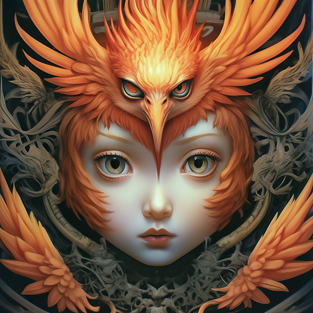 "Phoenix child, large regular symmetrical eyes, engraving, color ...
