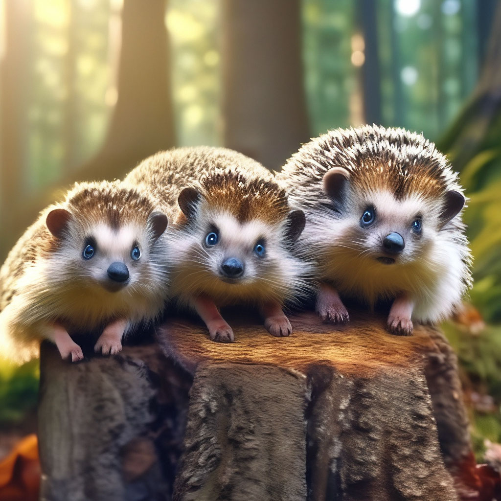 "Hedgehogs three cute, funny hedgehogs, in the forest, on a stump,tall ...