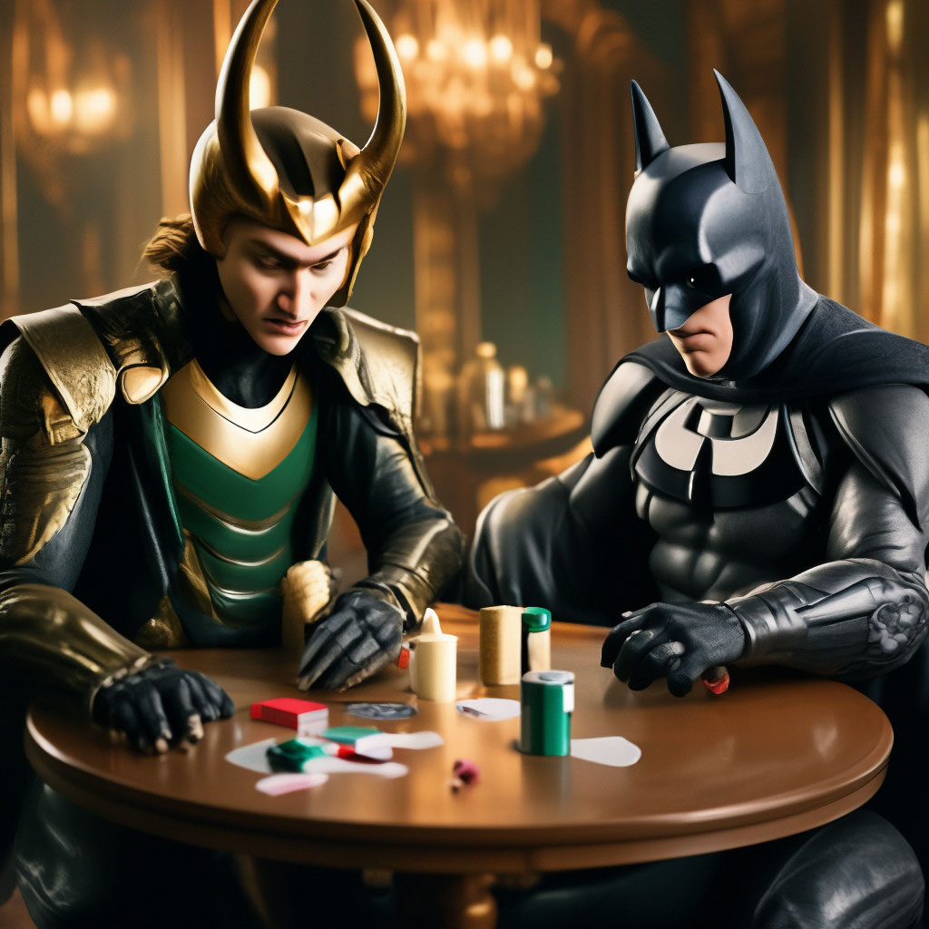 "Loki and Batman are playing cards" — image created in Shedevrum