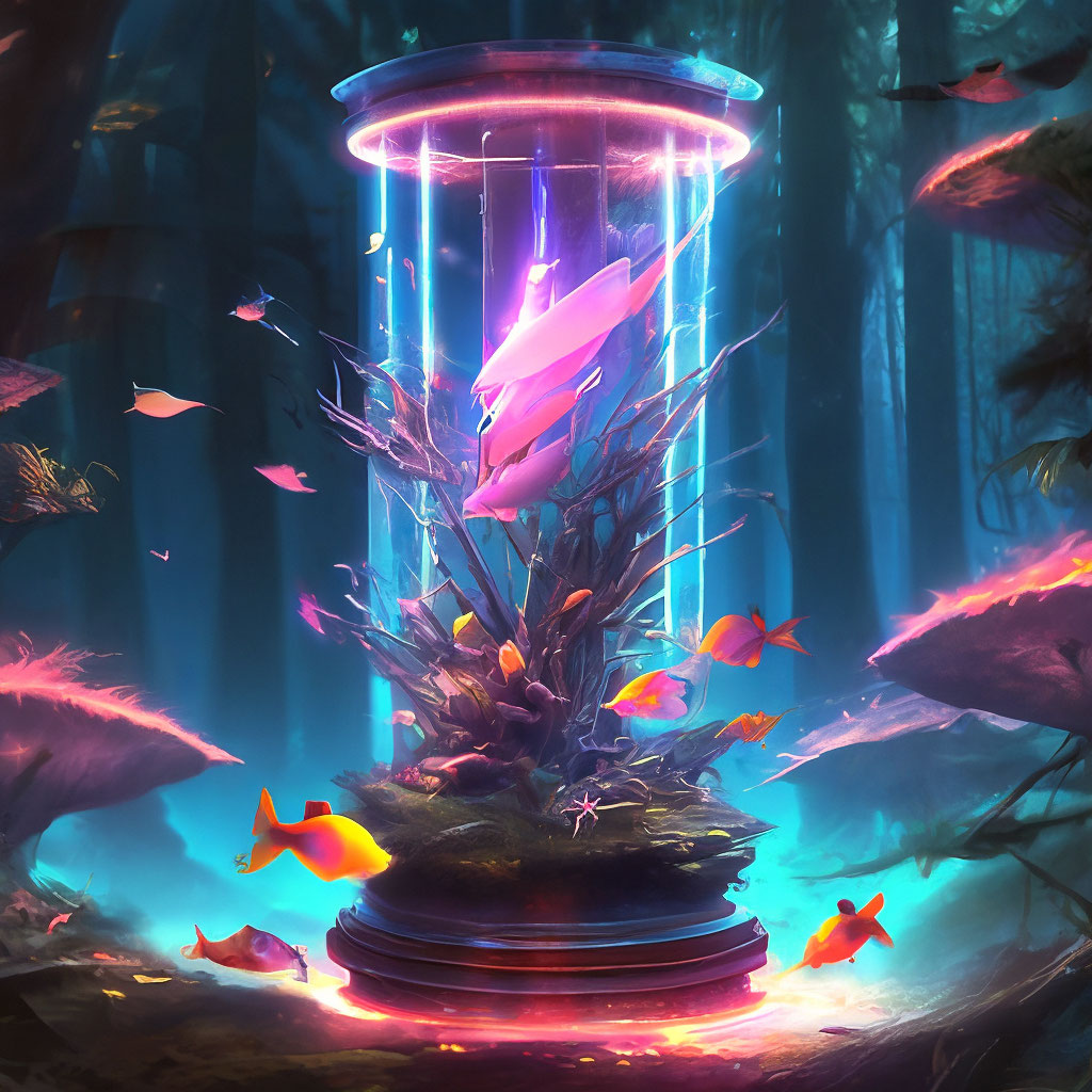 "Cyber hourglass, the upper part from the fairy forest, with neon birds ...
