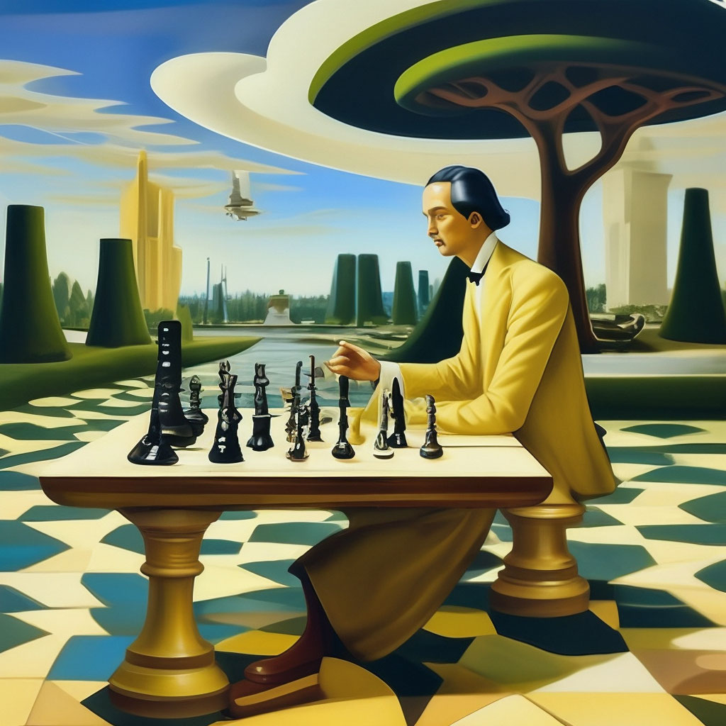 "A man plays chess in the park surrealism minimalism in the style of ...