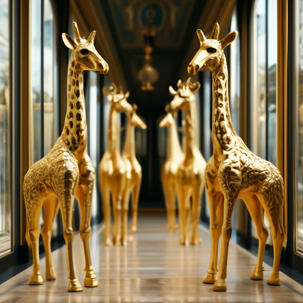 "Exhibition of golden giraffes" — image created in Shedevrum