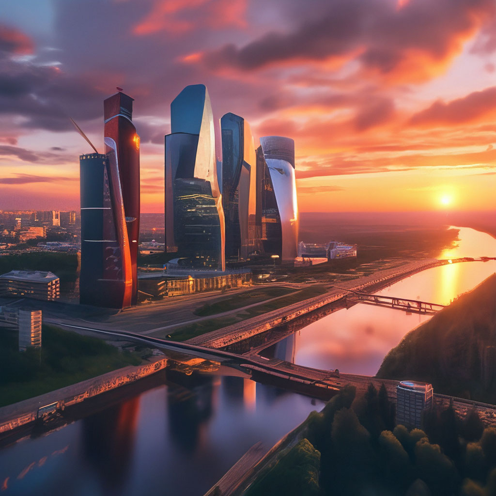 "Beautiful Moscow, with big skyscrapers, sunset, volga river ...