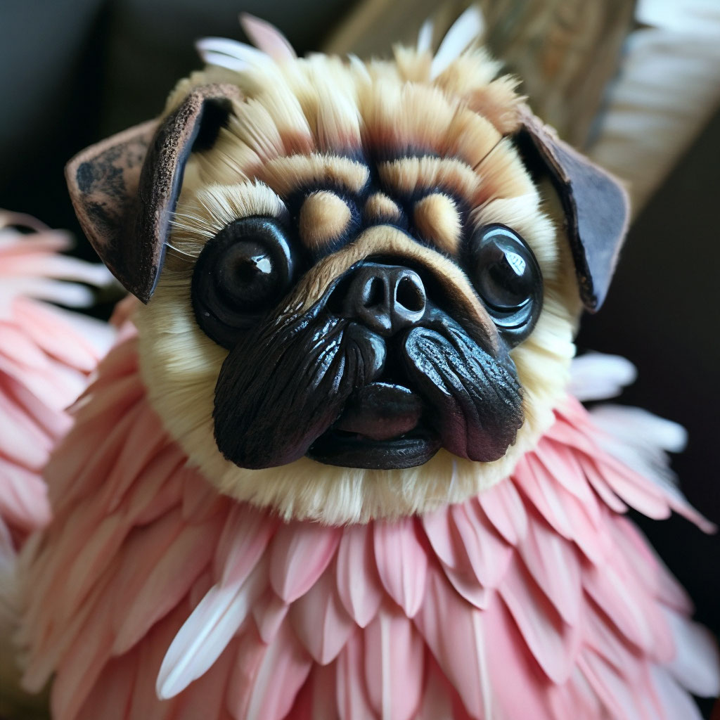 "Pug made of feathers" — image created in Shedevrum