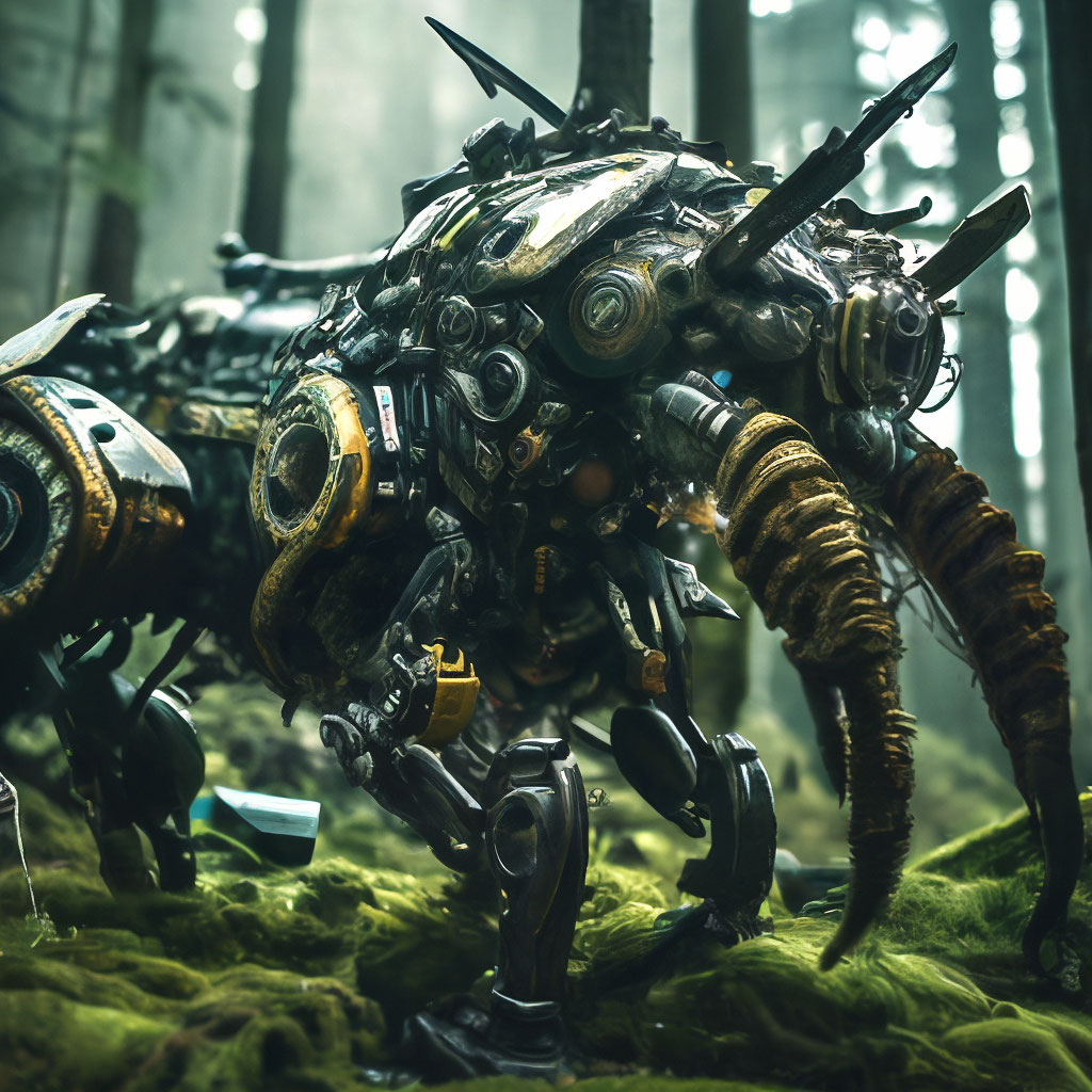 "Mechanical beasts in the forest, klokpunk style, high detail, dim ...