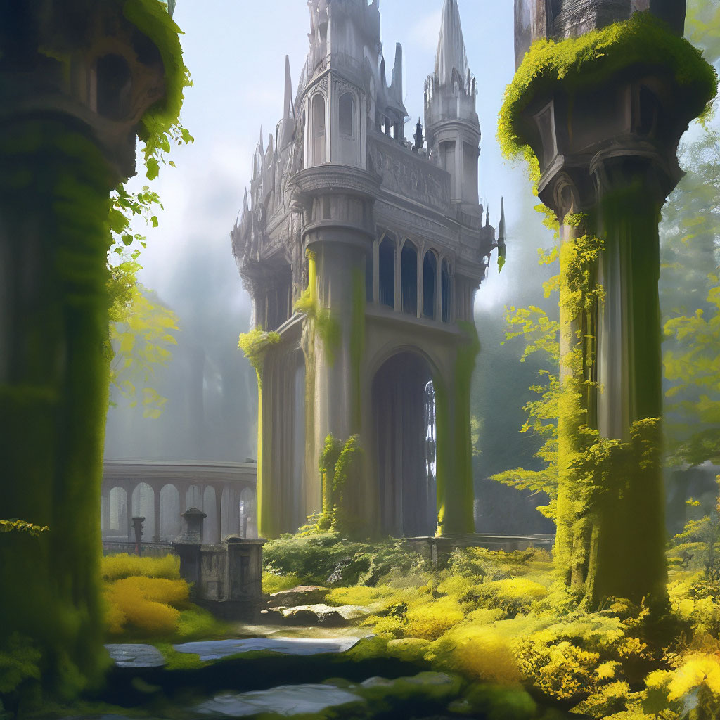 "An abandoned Gothic park with many columns,a high crenellated tower ...