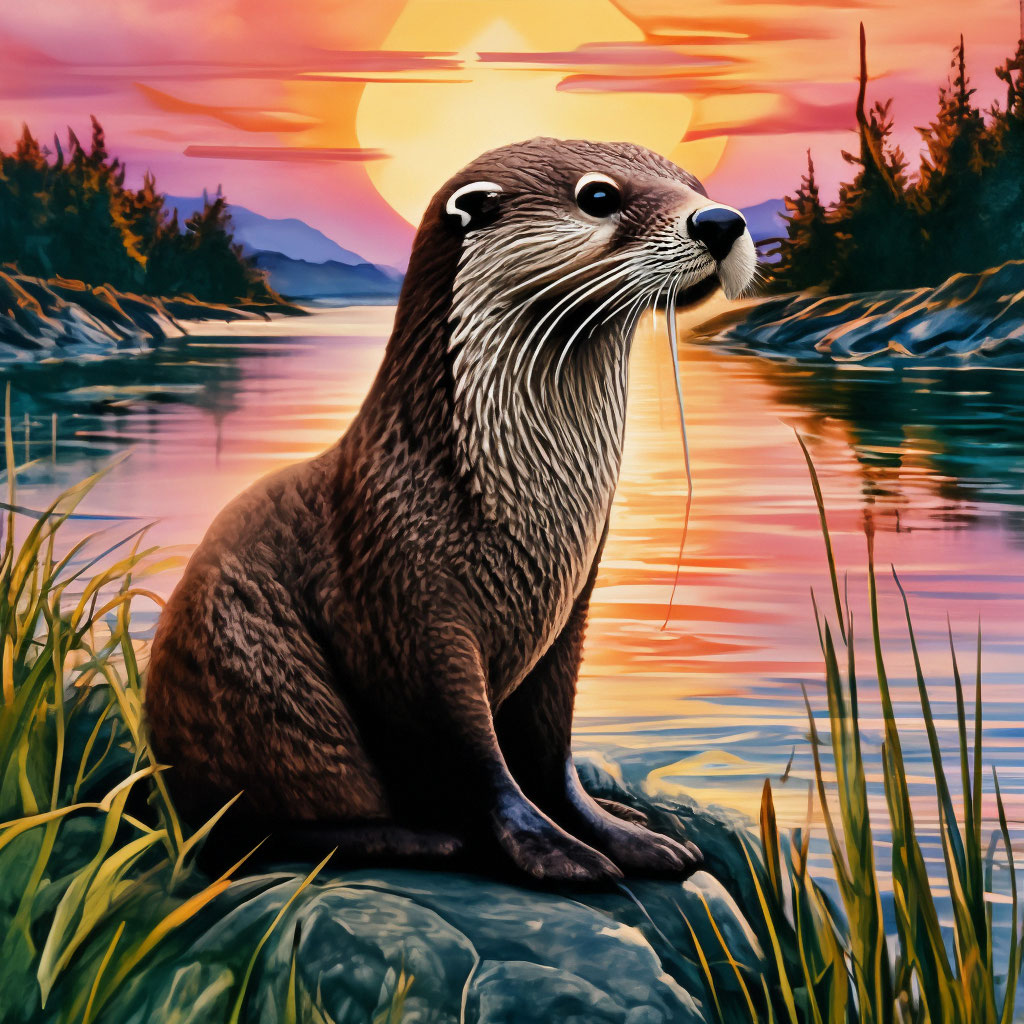 "Otter on the river bank, sky, green mother-of-pearl, watercolor, ink ...
