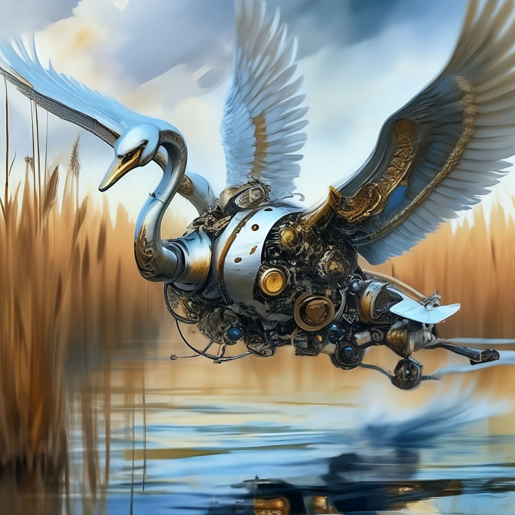 "Mechanical swan flying over a lake with reeds high detail hyper ...