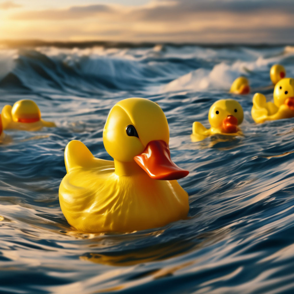 "Hyperrealistic yellow plastic ducks in the ocean caught in a turbulent ...
