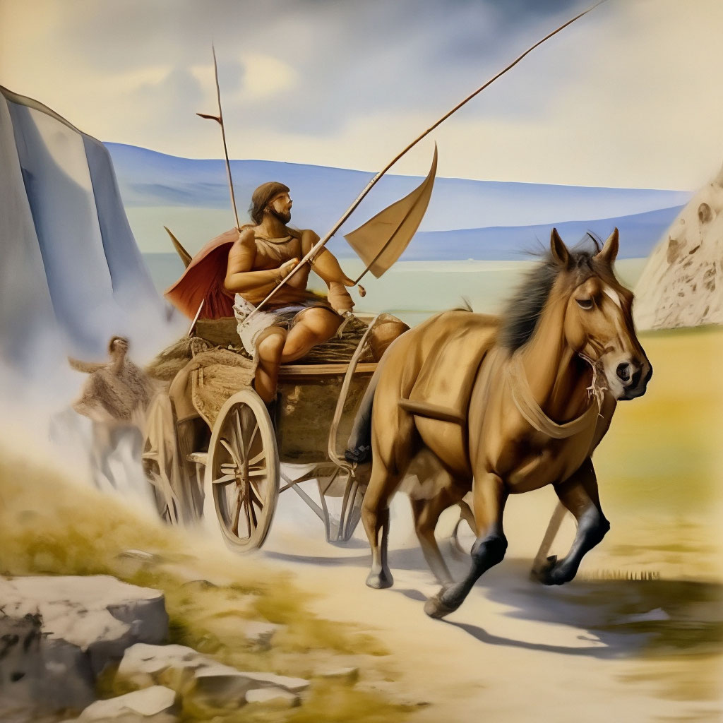 "Ancient Greece, an Achaean wicker chariot, an archer and a spearman ...