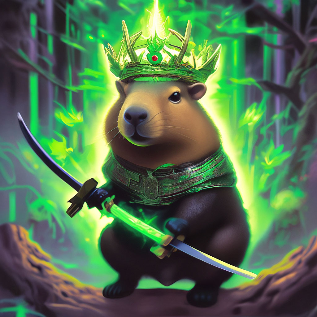 "A capybara with a glowing green crown on its head and a glowing green ...