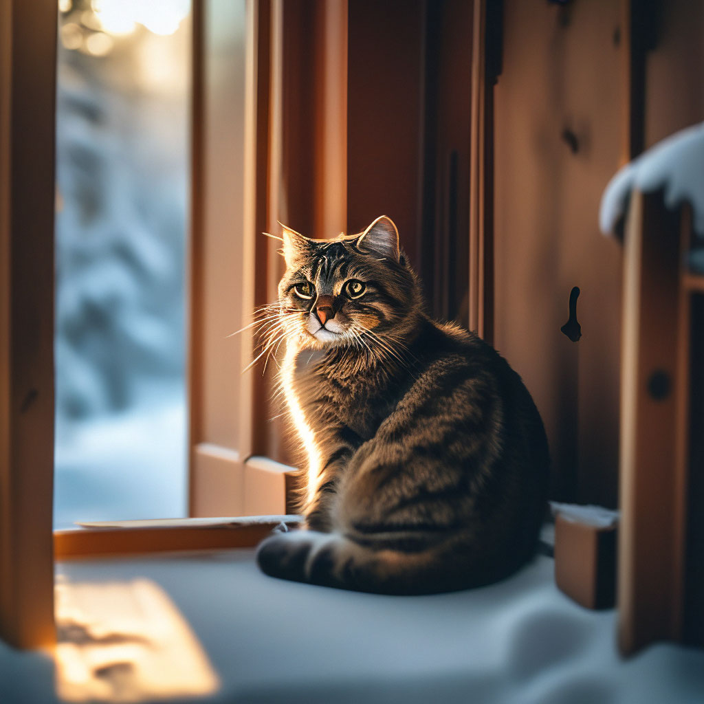 "The cat is sitting near the door and waiting for the owner, winter ...