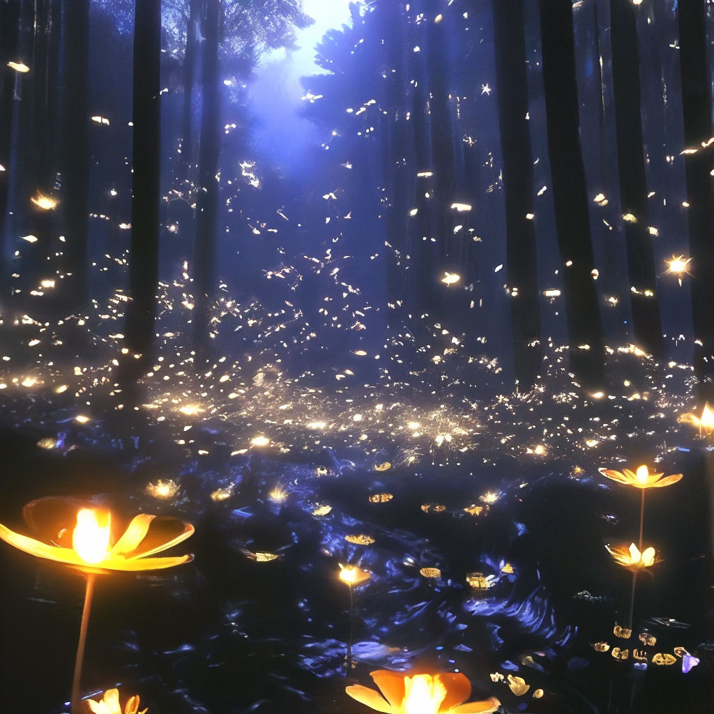 "Fireflies, voluminous, 5D, aesthetically pleasing , beautiful ...