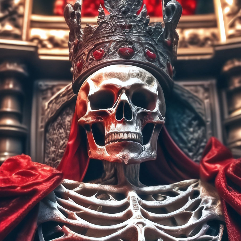 "Skeleton, rich mantle, throne, crown on the skull, empty eye sockets ...