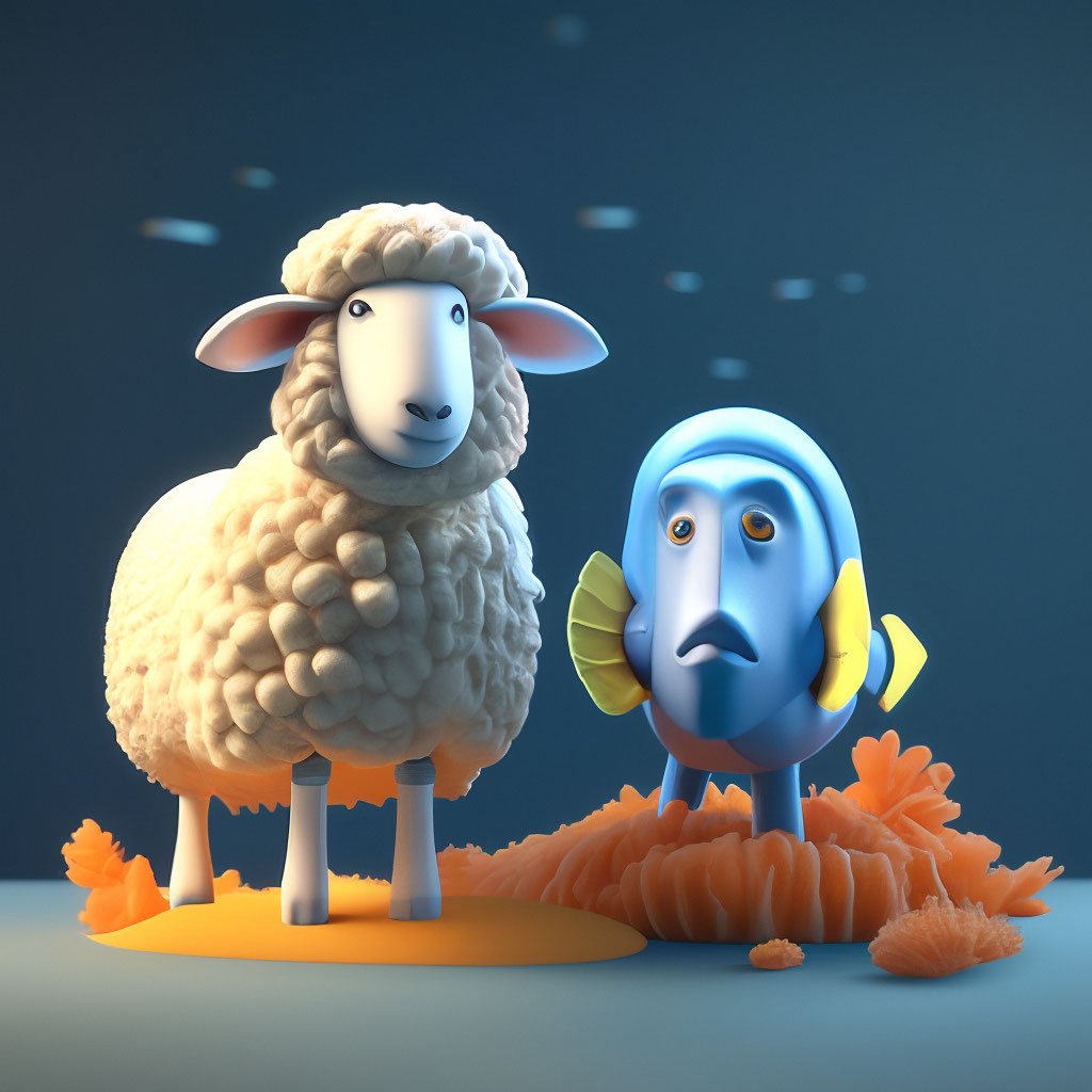 "Sheep and fish, friends for a century" — image created in Shedevrum