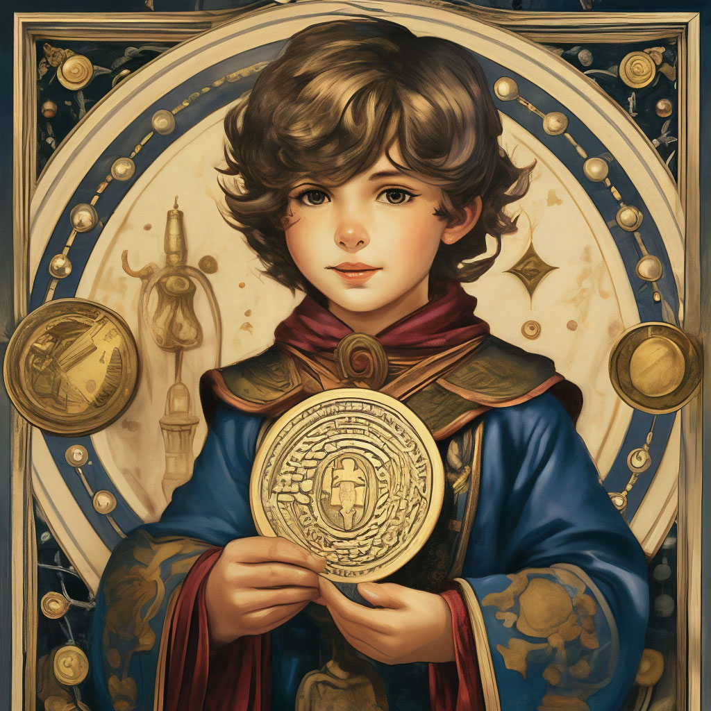 "A boy holds a coin of the esoteric tarot page" — image created in ...
