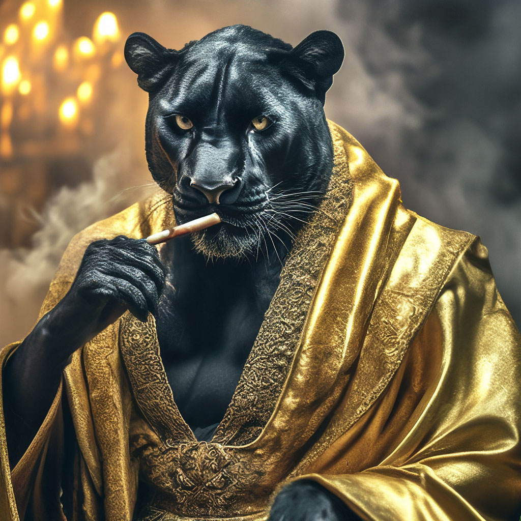 "Anthropomorphic ferocious black panther smoking a cigar, in a golden ...