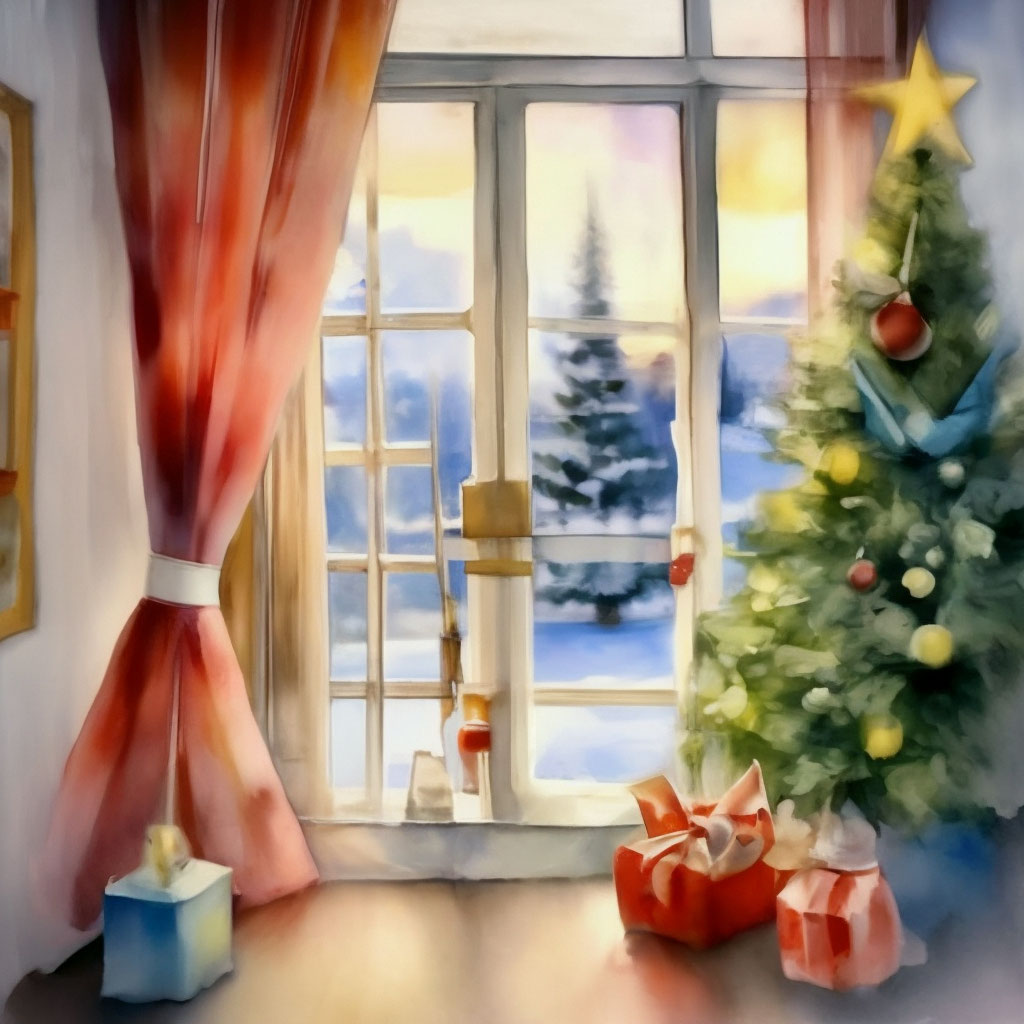"Create a watercolor drawing, a window with a curtain in the background ...