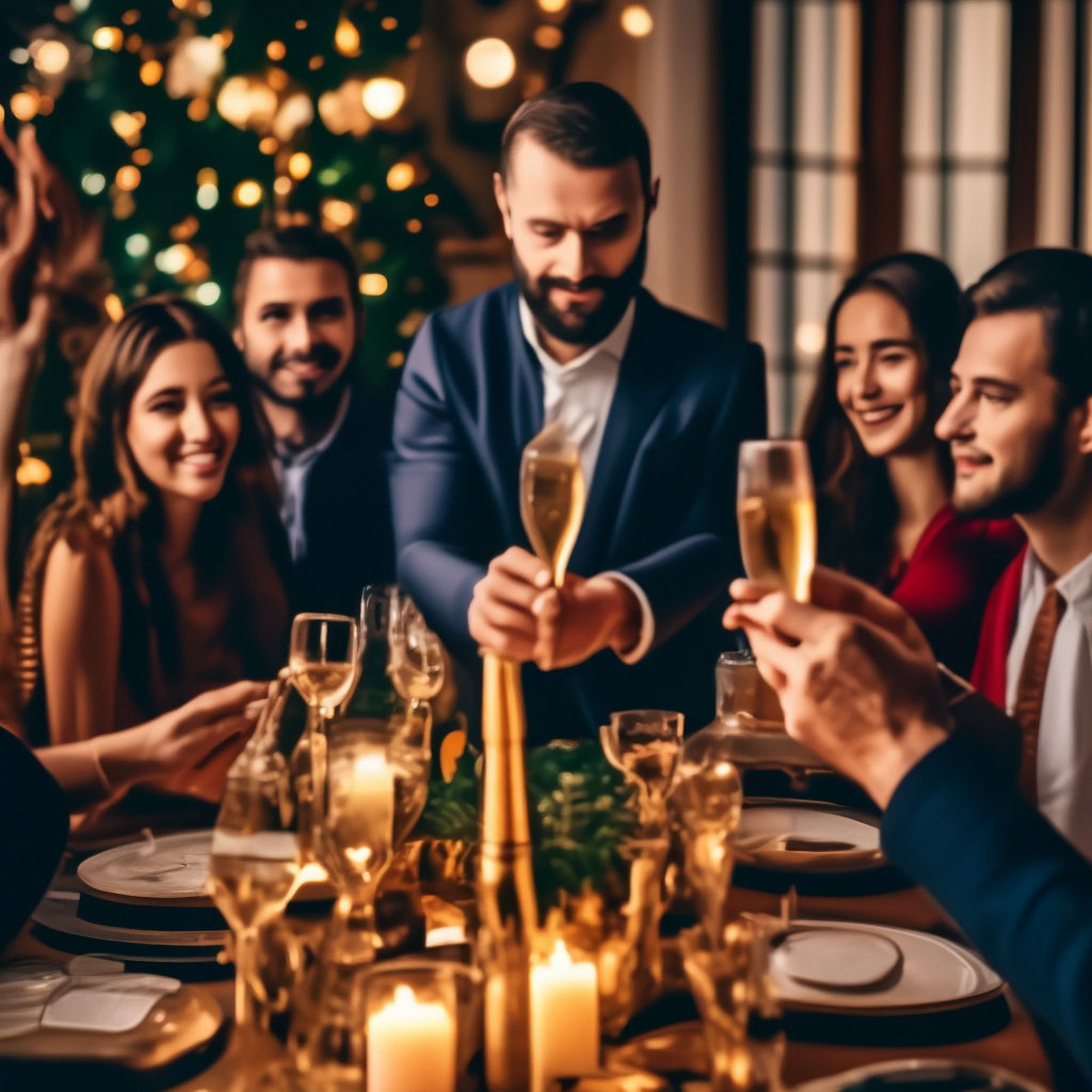 "A large table with a lot of people sitting at it. 1 person stands with ...