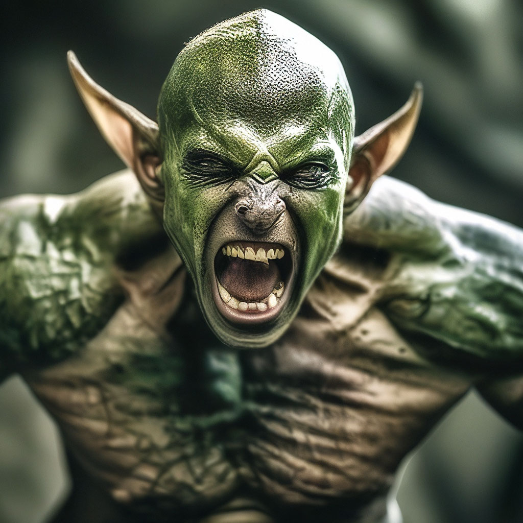 "A big, scarred goblin with a rough, symmetrical face and dark green ...