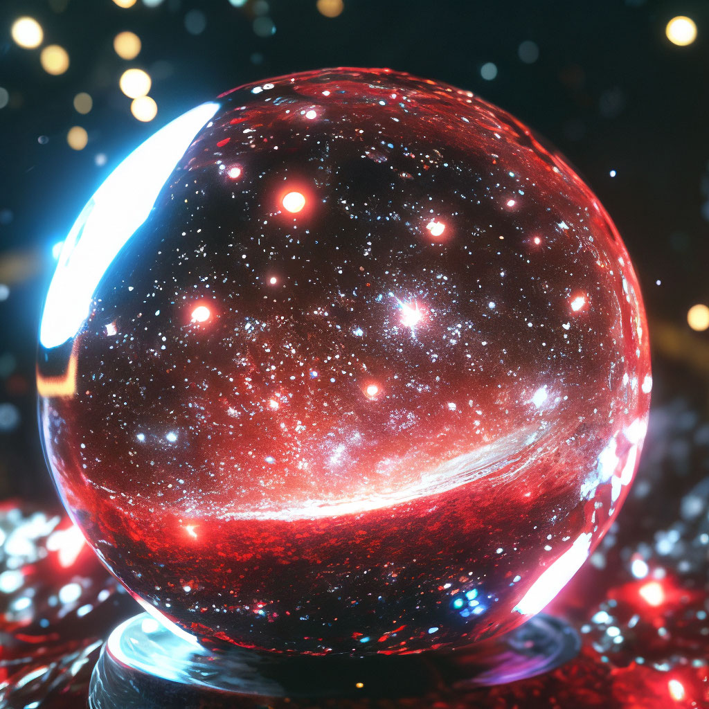 "An epic crystal ball with a glowing red cosmos inside, stars, galaxies ...
