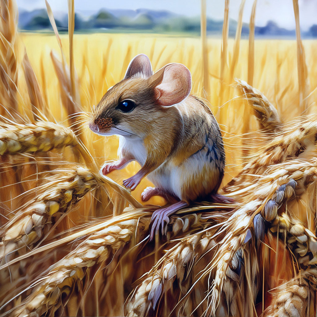 "A mouse in a wheat field. Watercolor, juicy, hyper-detailed watercolor ...