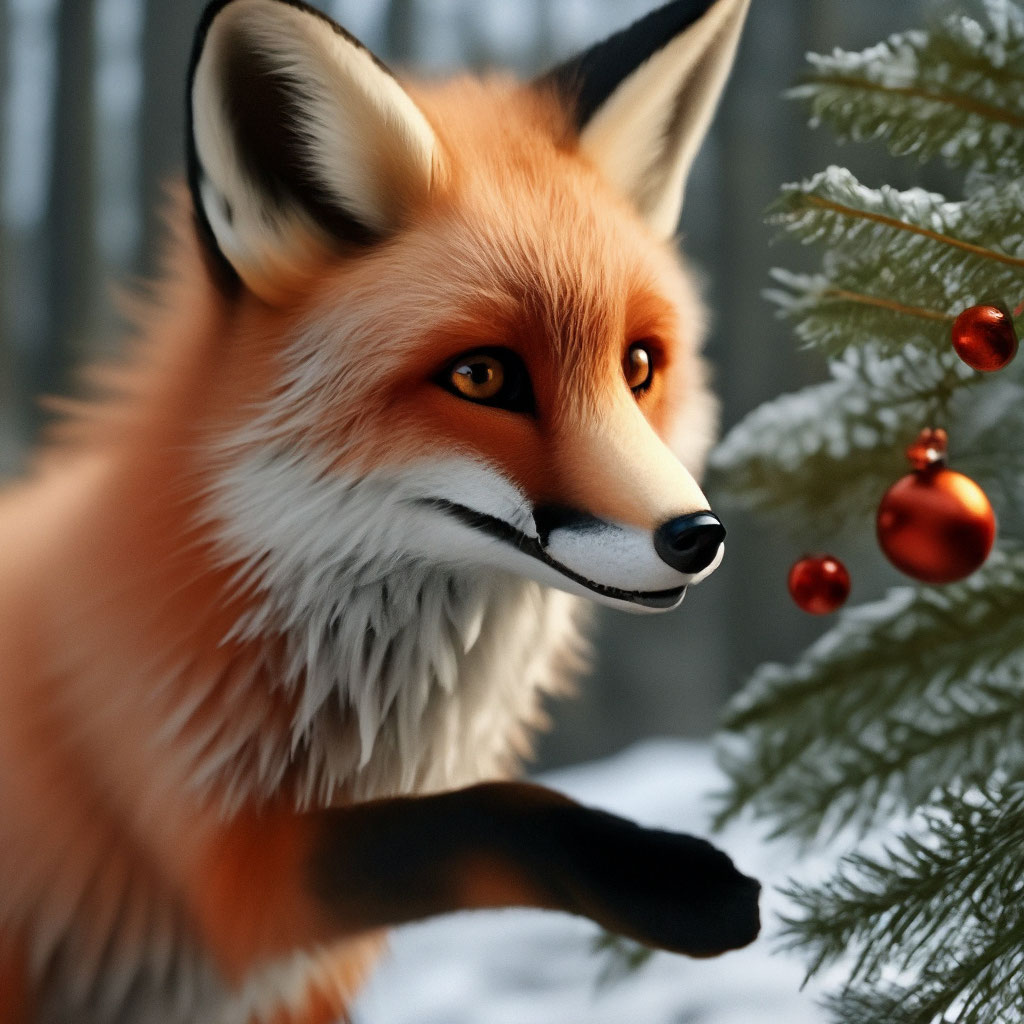 "Fluffy realistic fox plucks a toy from a fir tree,peach color in the ...