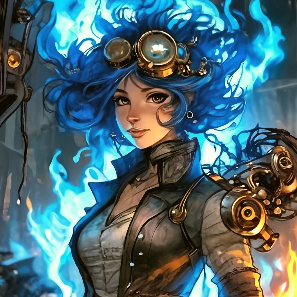 "Steampunk comic steampunk girl and instead of hair there is blue fire ...