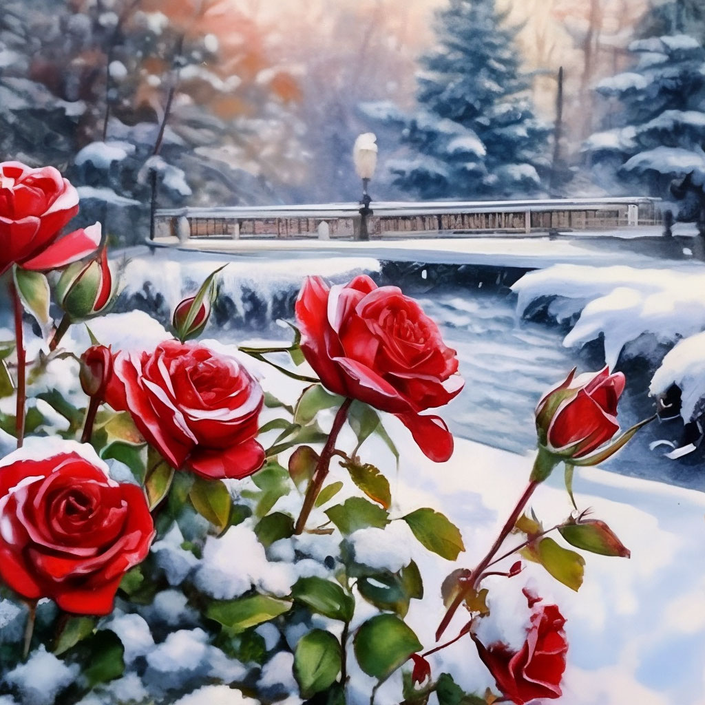 "🍄 lush bushes of red roses in a snowy park, it's snowing, watercolor ...