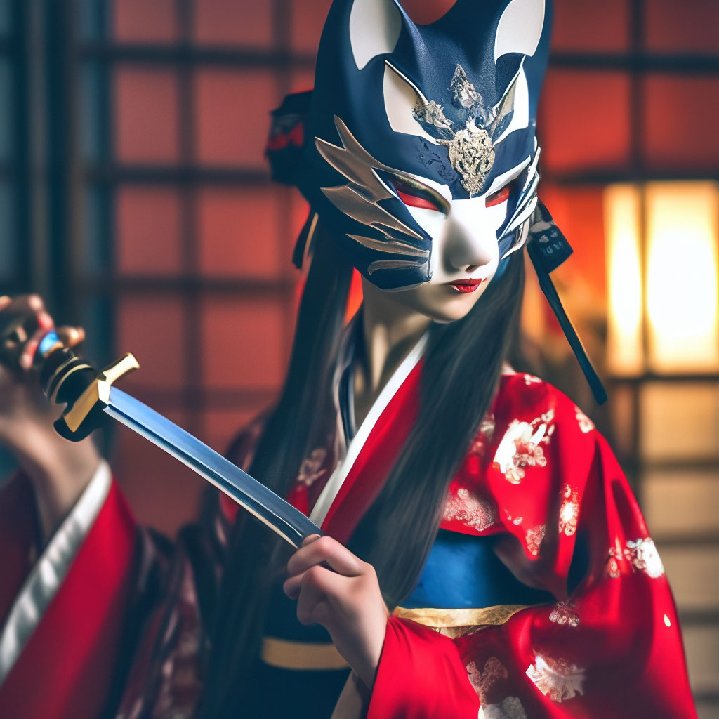 "A girl in a Japanese fox face mask, holding a Japanese sword ...