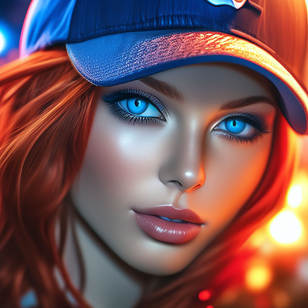 "Fiery red beauty hyperrealism, spectacular, fashion, baseball cap 🧢 on ...