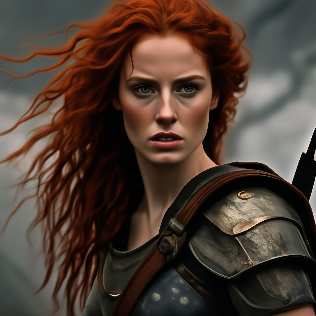 "Female hunter, ancient greek, redhead" — image created in Shedevrum