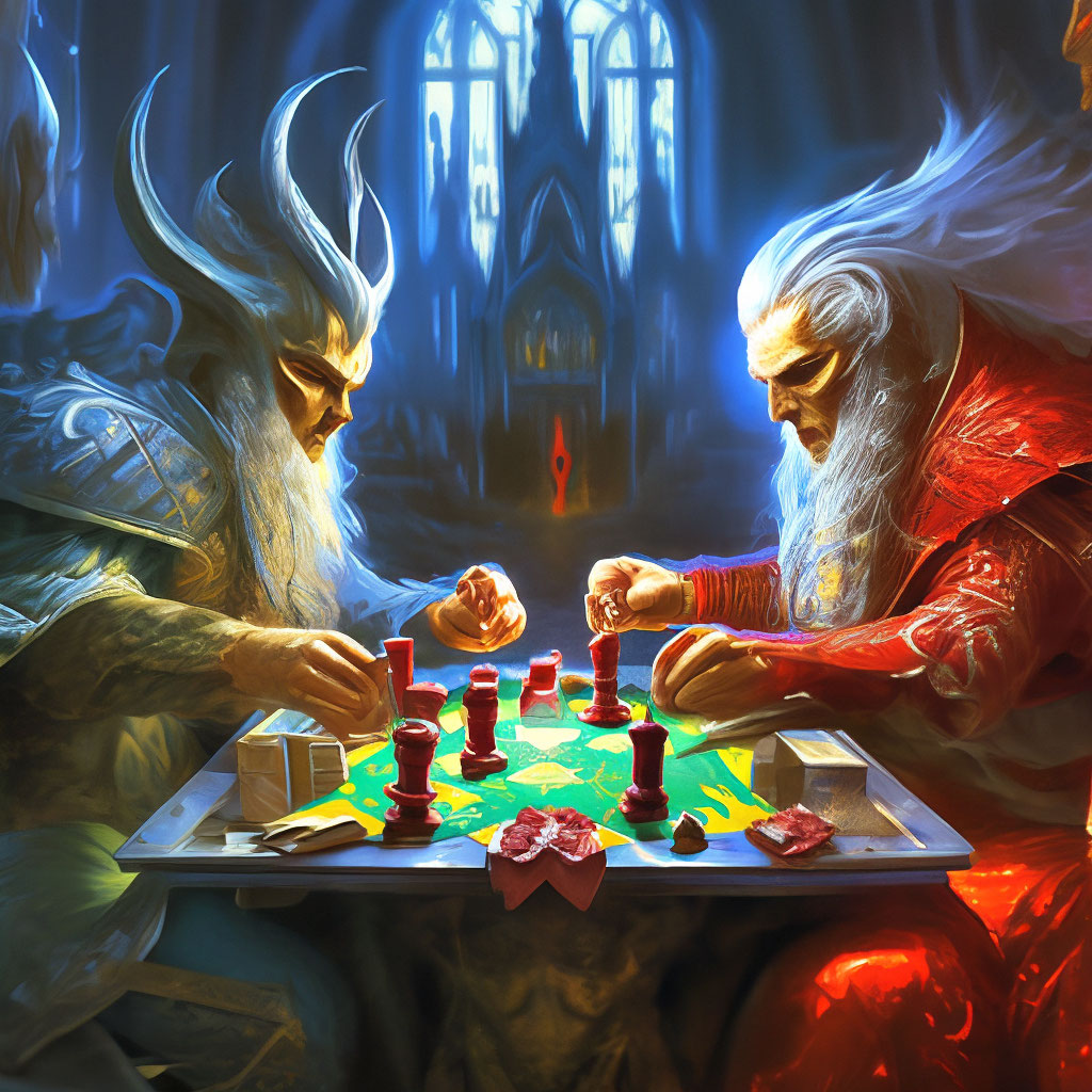 "Good and evil play poker on a chessboard, surrealism, grotesque ...