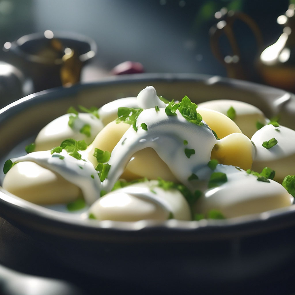 "Dumplings with sour cream, 4k, realistic, high detail, appetizing ...