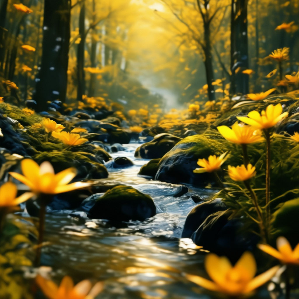 "🍂 A fabulous forest with huge leaves, a stream, flowers, berries and ...