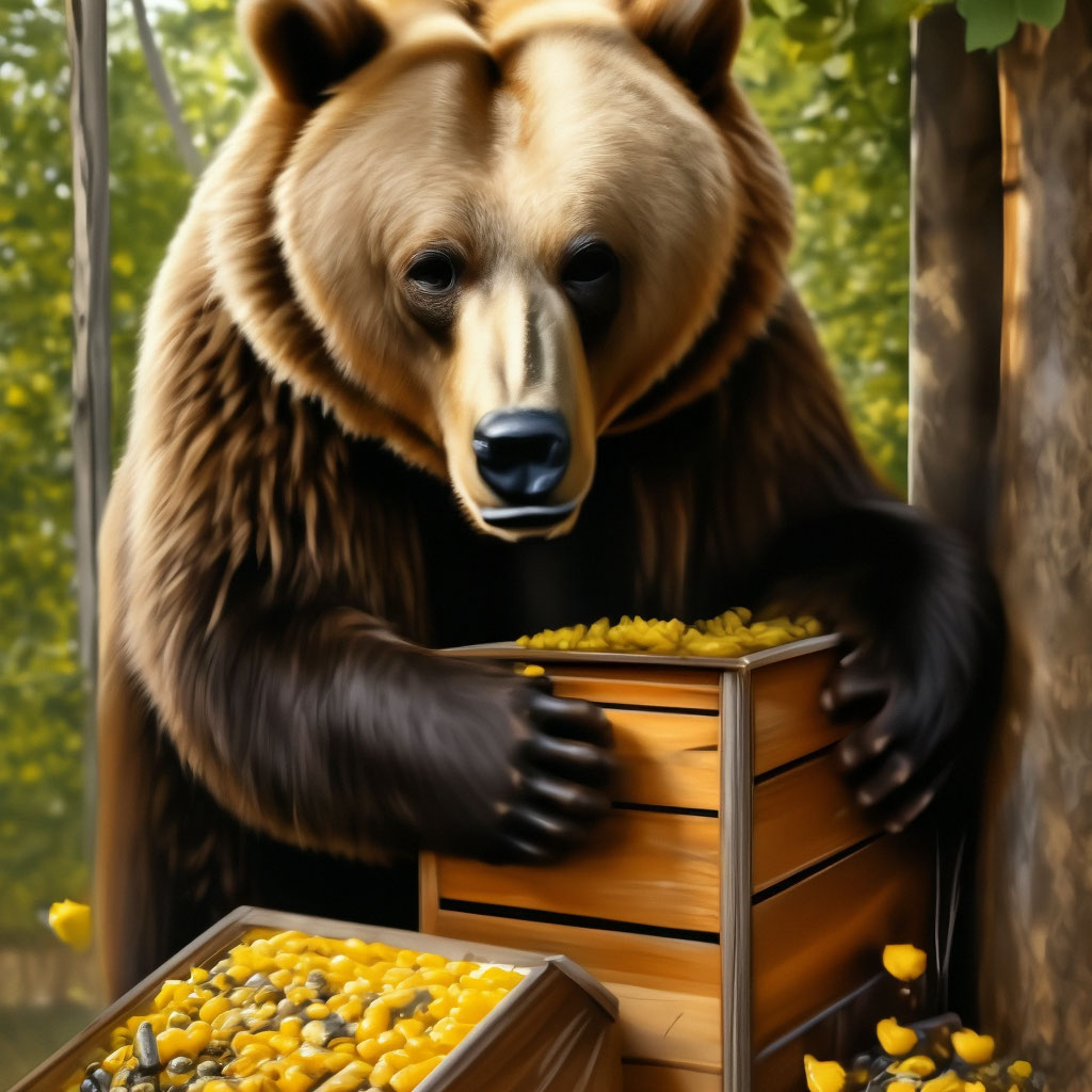 "The bear in the apiary opened a hive with bees" — image created in ...