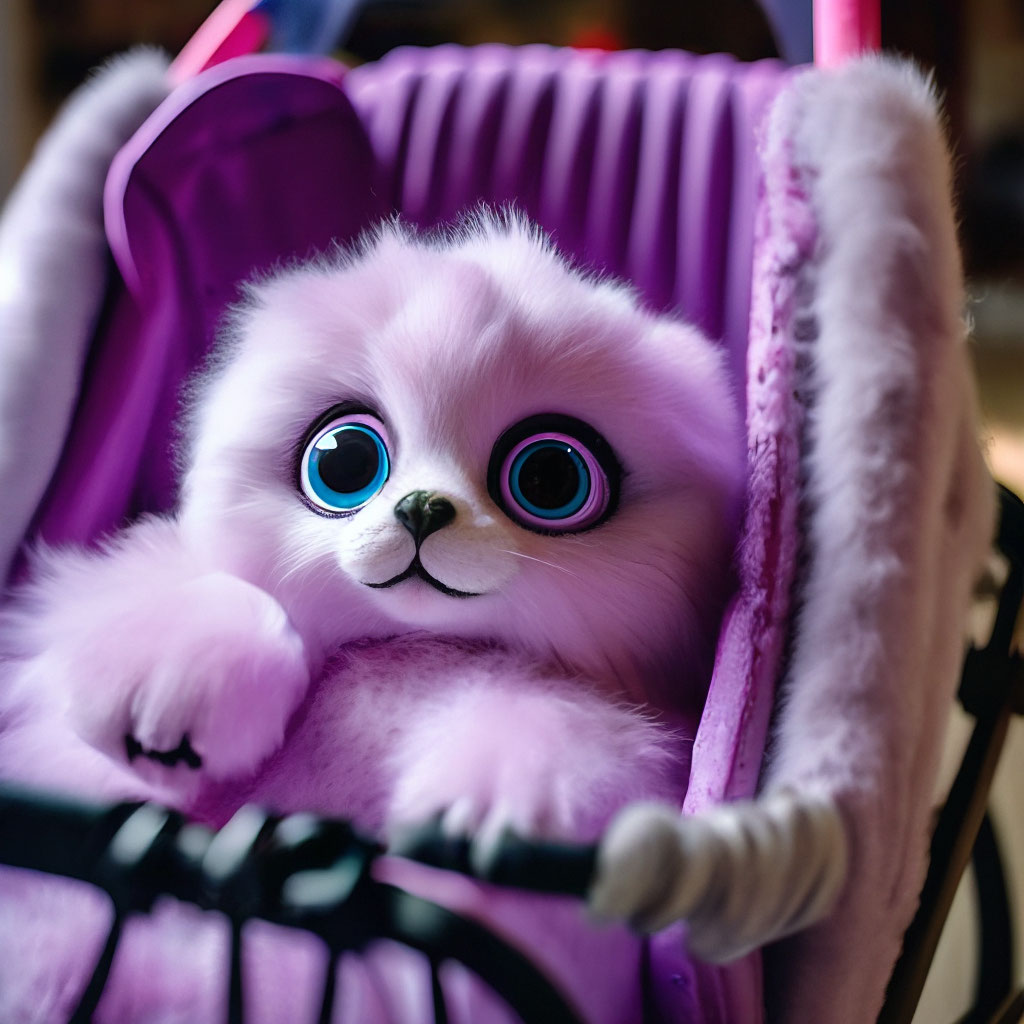 "A fluffy lilac animal with big eyes is lying in a stroller" — image ...