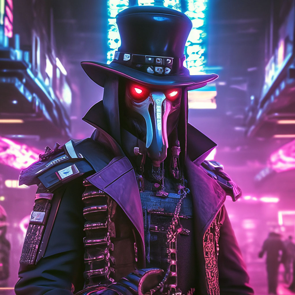 "The plague doctor in cyber punk" — image created in Shedevrum