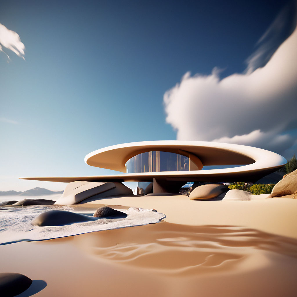"A conceptual modern house on the shore in the shape of a planet of the ...
