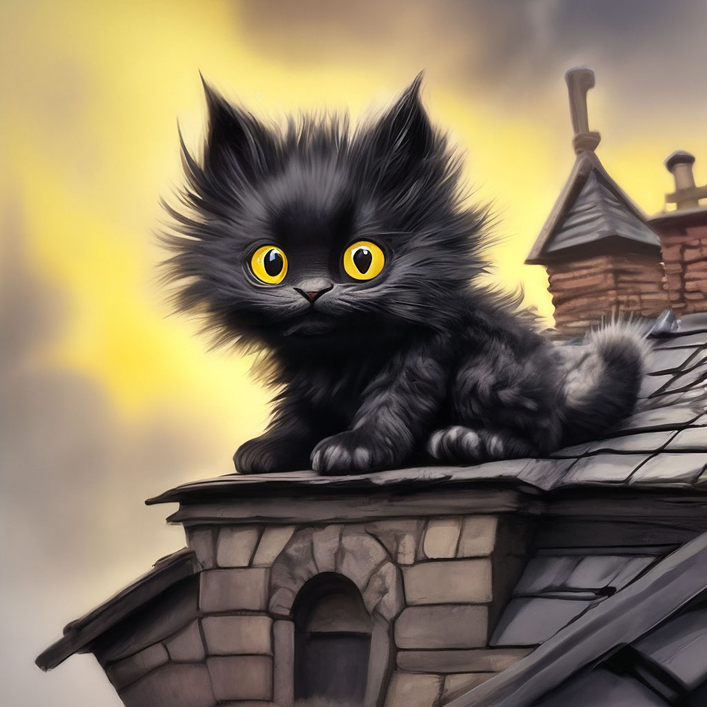 "Funny very fluffy disheveled black little monster kitten sitting on ...