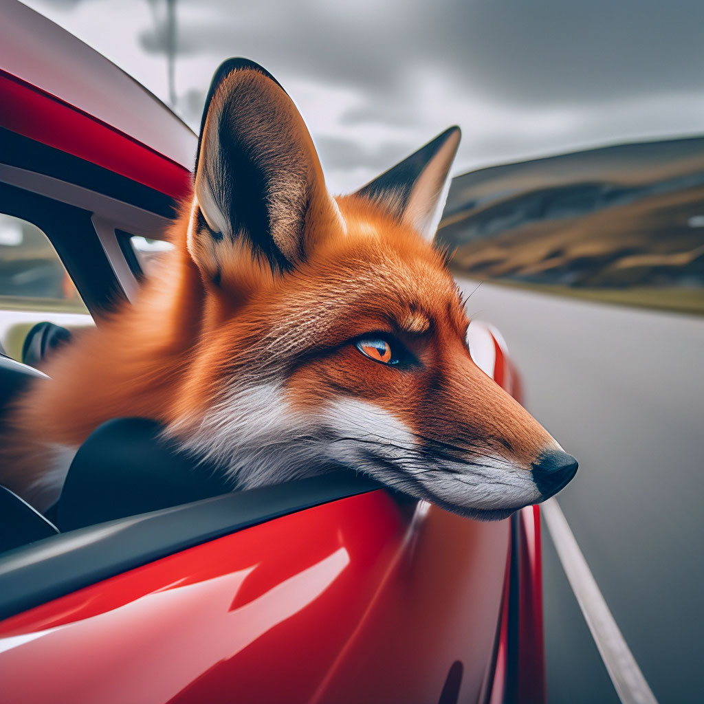 "Fox driving a red car, aesthetically pleasing, beautiful, realistic ...