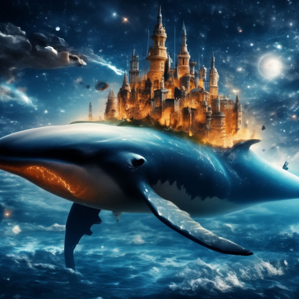 "A whale with a magical city on its back in space" — image created in ...