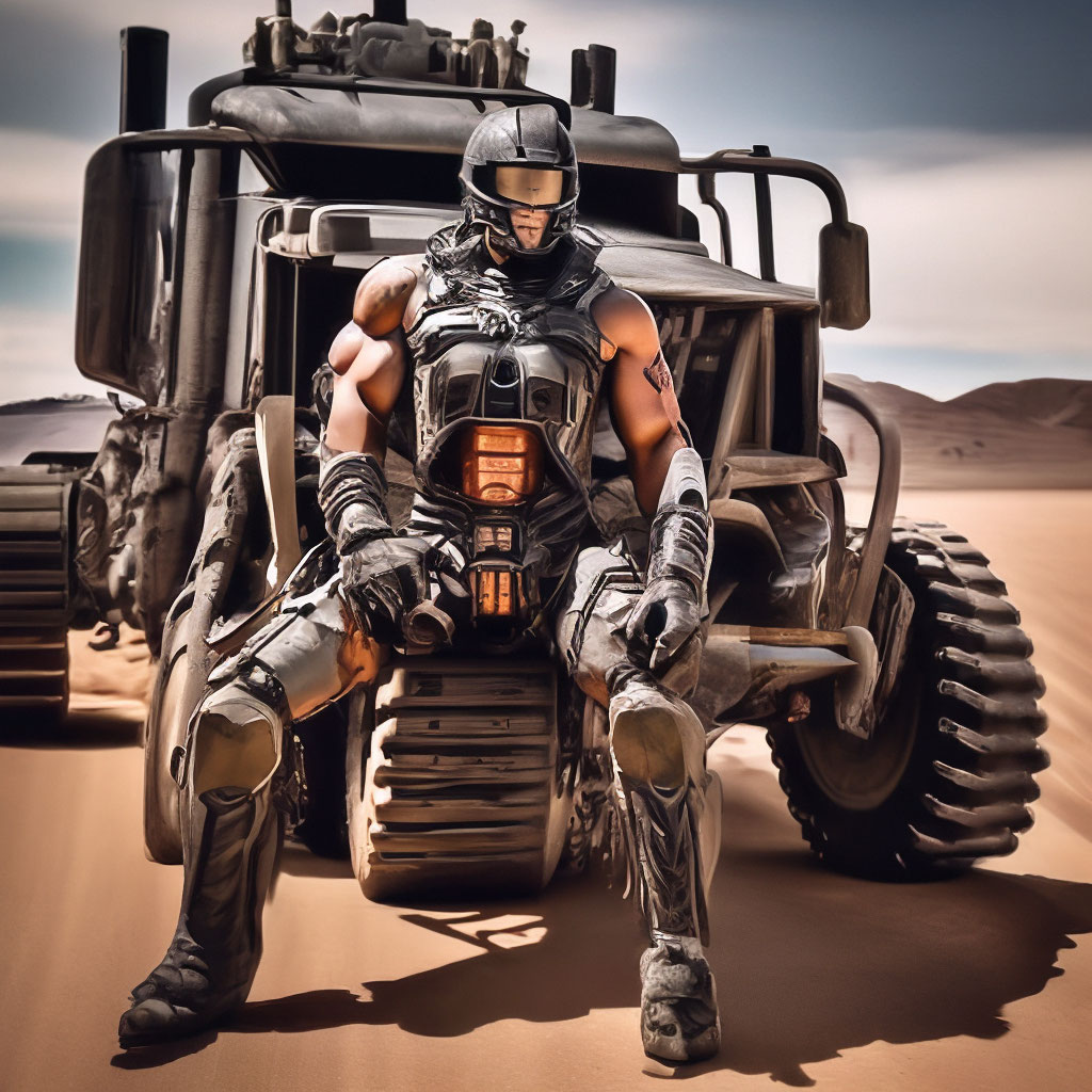 "Terminator in the mad max tractor" — image created in Shedevrum