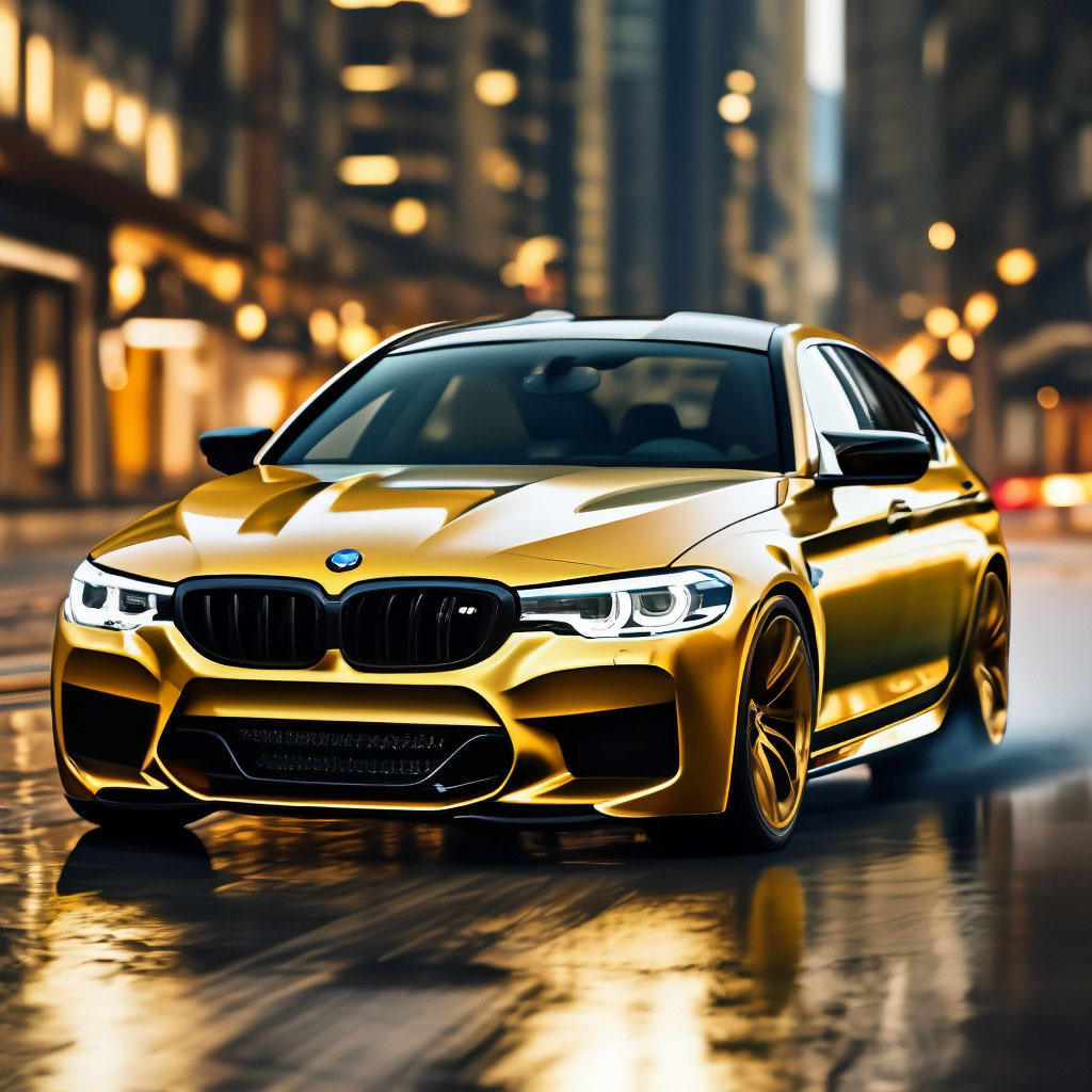 "BMW M5 competition with lowered suspension at night in gold color goes ...