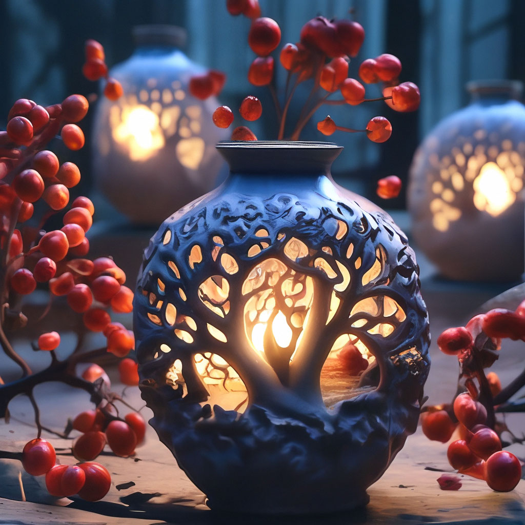 "Dark trees in a harsh stone heart, porcelain lamps, fireflies ...