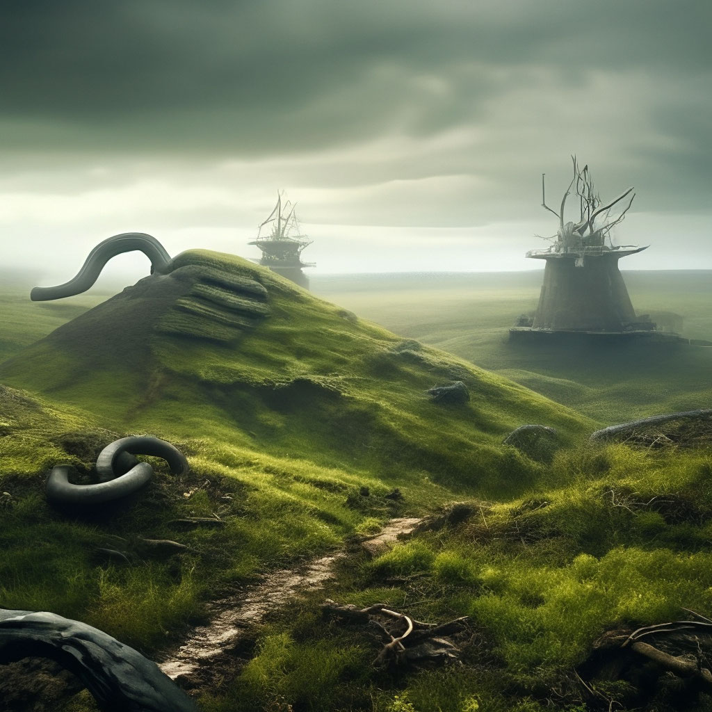 "A depressing landscape with hills overgrown with snake-like bushes ...