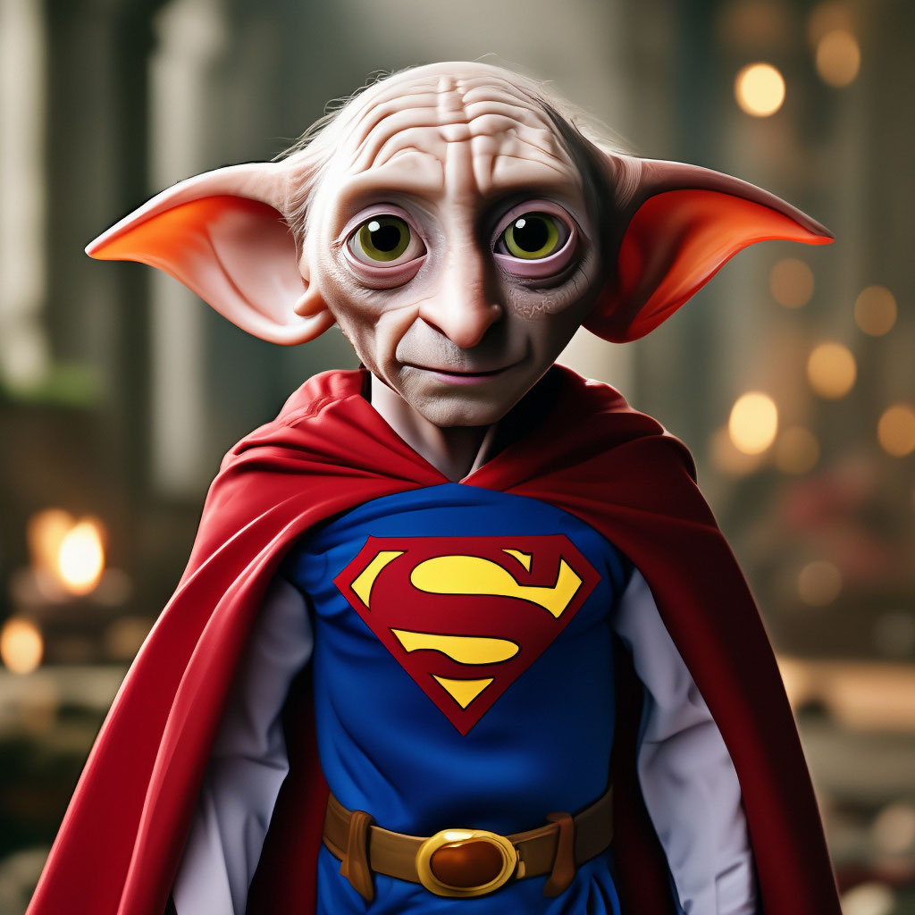 "Dobby the elf in a Superman costume" — image created in Shedevrum