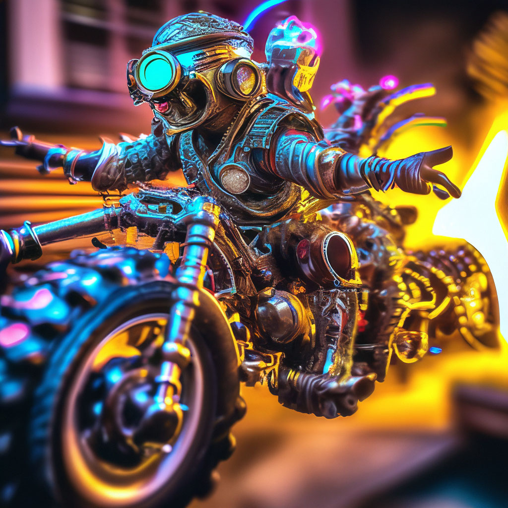 "Harsh anthropomorphic bike rocker, three-color, steampunk style, huge ...