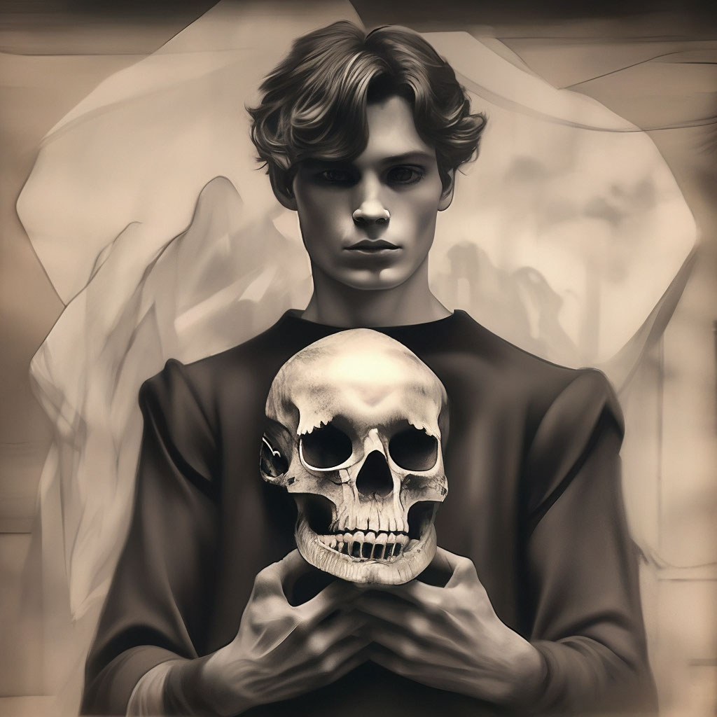 "A beautiful young man holds a skull in his hands, an ink drawing on ...