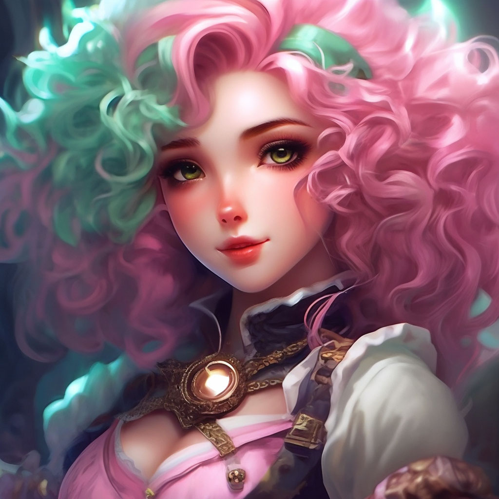 "Beautiful girl, lol style , curly hair, mint, pink, beautiful eyes ...